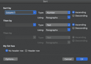 How to sort a table within Microsoft Word Documents