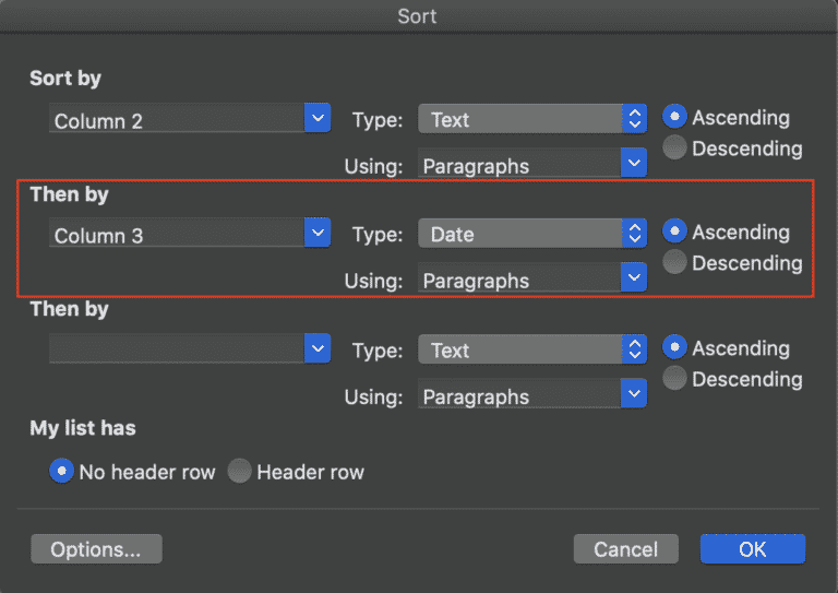How to sort a table within Microsoft Word Documents