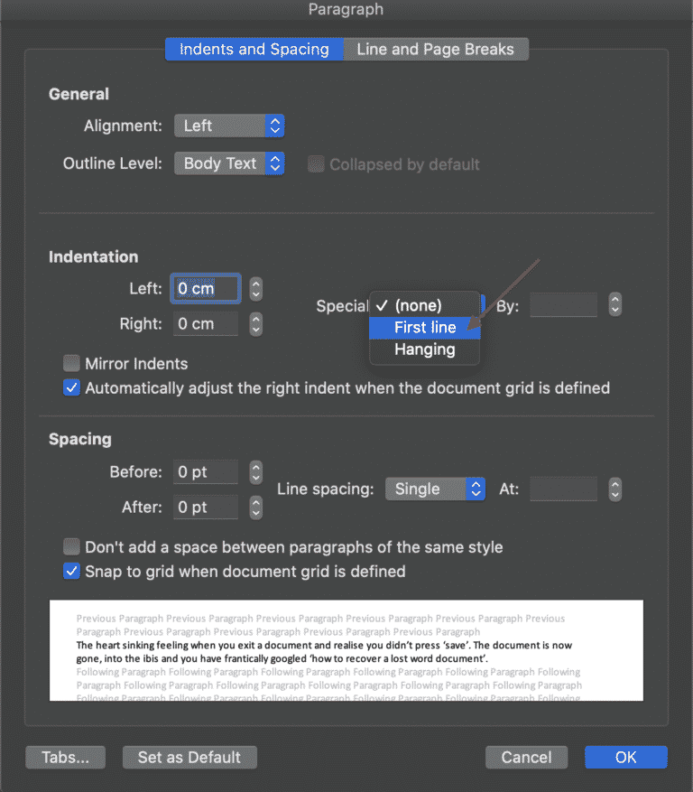 How to add or change the first-line indent in Microsoft Word