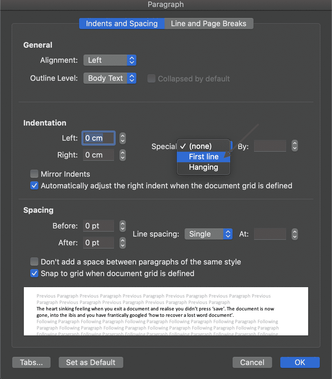 How to add or change the first-line indent in Microsoft Word