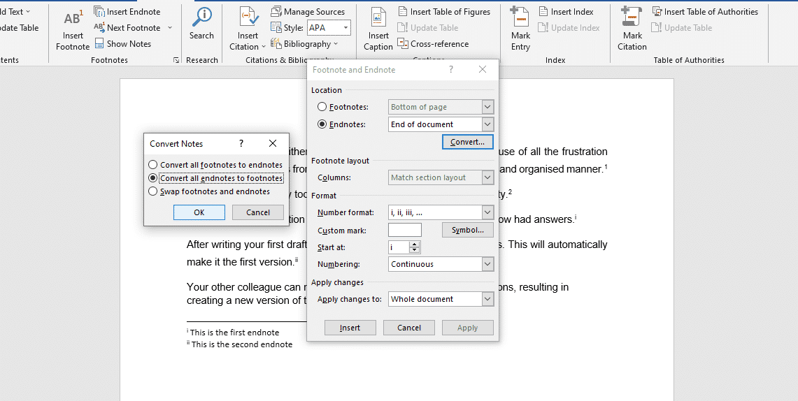 How to convert endnotes to footnotes in Microsoft Word