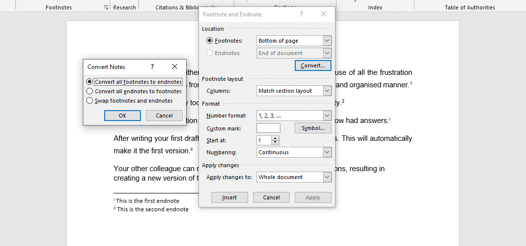 How to convert footnotes to endnotes in Microsoft Word