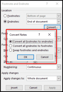 How to change the location of footnotes or endnotes in Microsoft Word