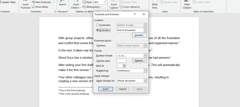 How to convert endnotes to footnotes in Microsoft Word