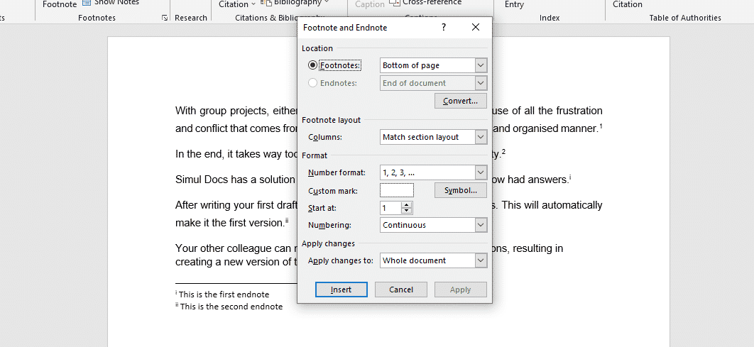 How to convert footnotes to endnotes in Microsoft Word