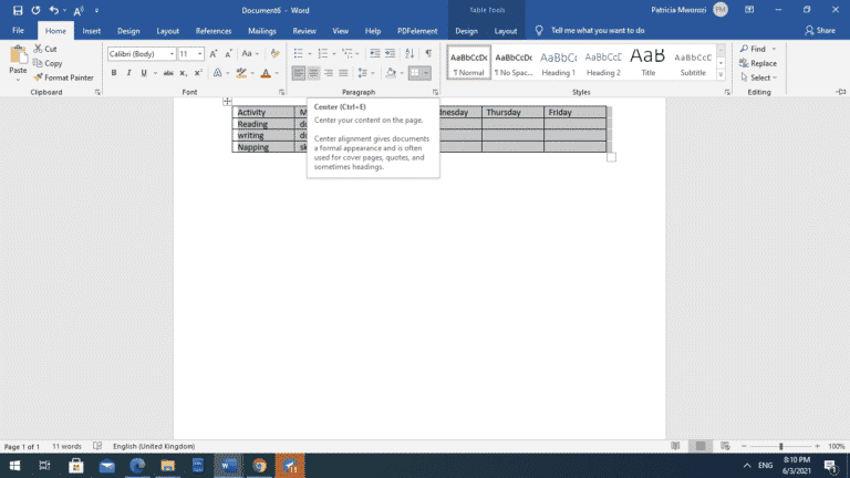 How to center text in a table in a Microsoft Word document