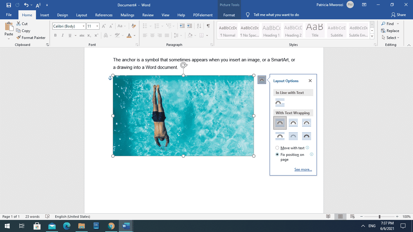 What is the Anchor symbol in a Microsoft Word document