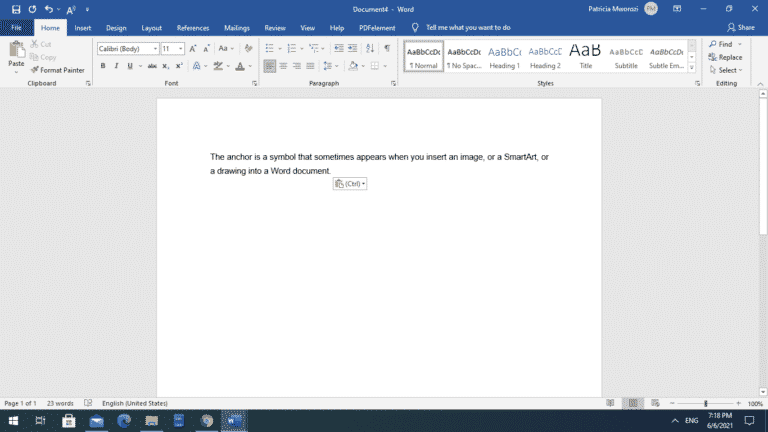 What is the Anchor symbol in a Microsoft Word document