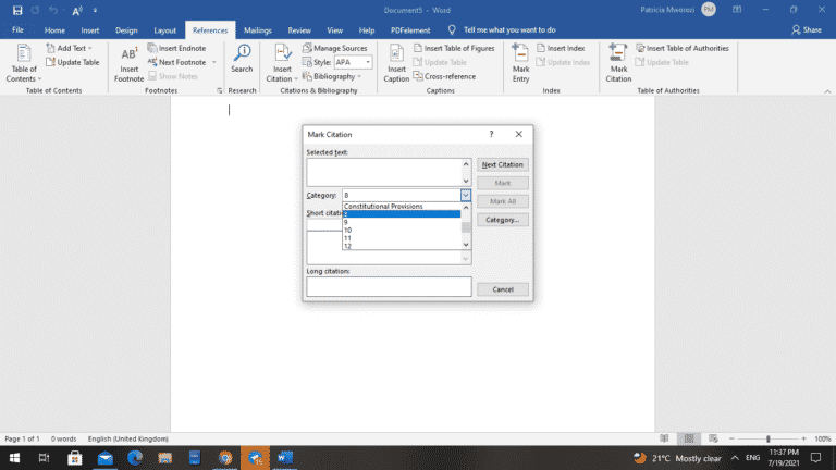 How to add a Table of Authorities to Microsoft Word
