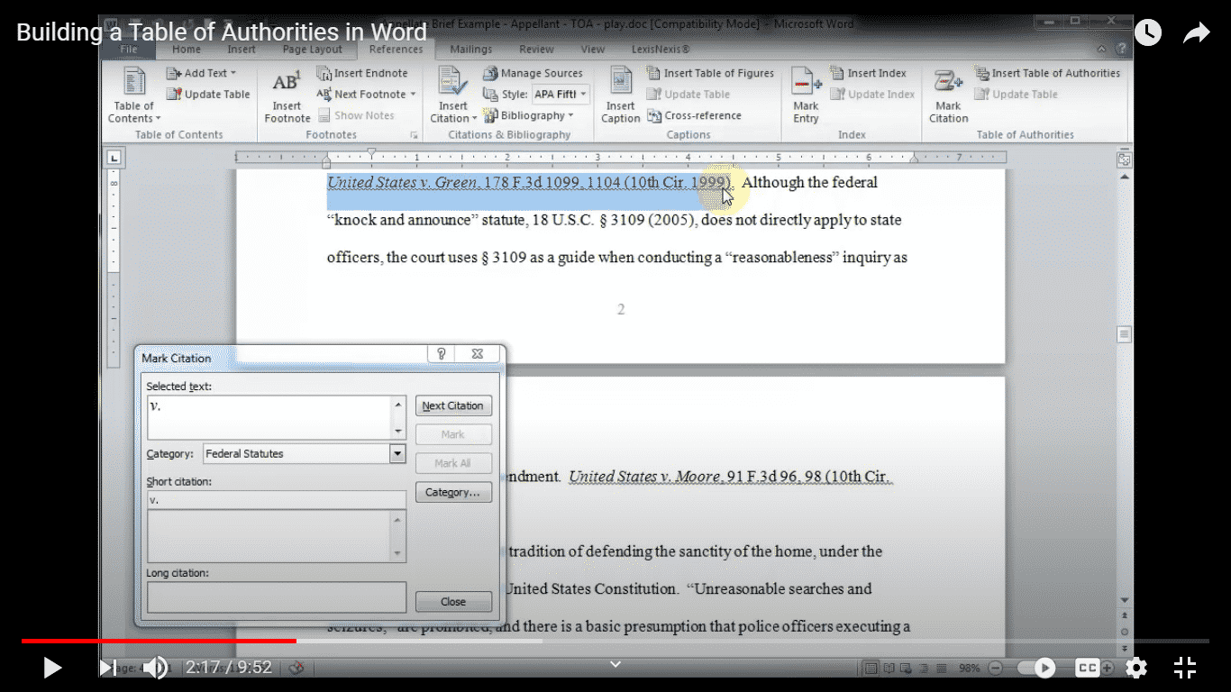 How to add a Table of Authorities to Microsoft Word