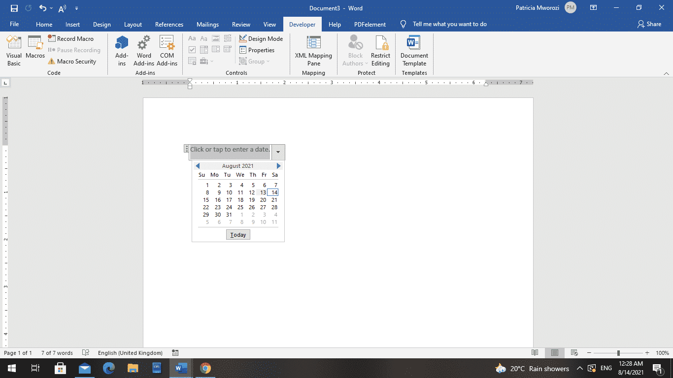 How to add a date picker to a form in Microsoft Word