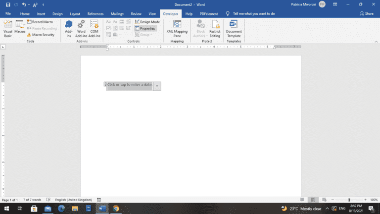 How to add a date picker to a form in Microsoft Word