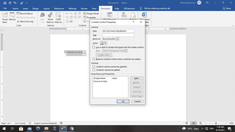 How to add dropdown fields to a form in Microsoft Word