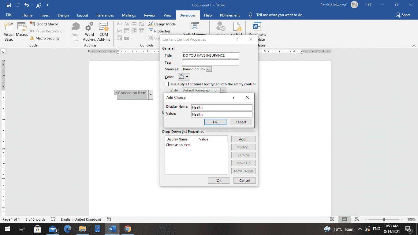 How to add dropdown fields to a form in Microsoft Word