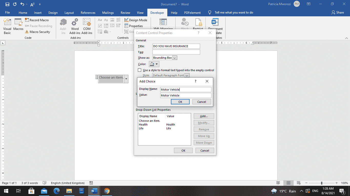 How to add dropdown fields to a form in Microsoft Word