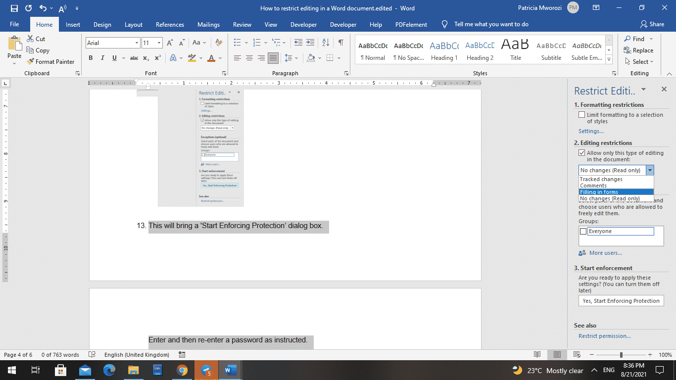 How to restrict document editing outside forms in Word