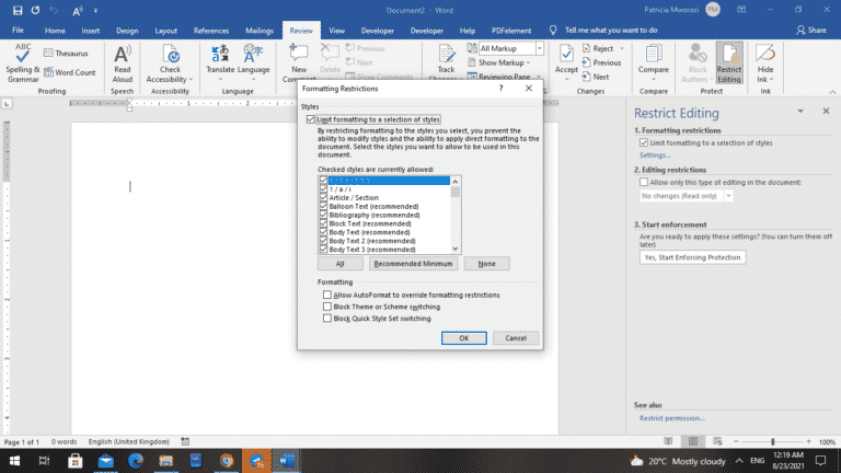 How to restrict formatting changes in Microsoft Word