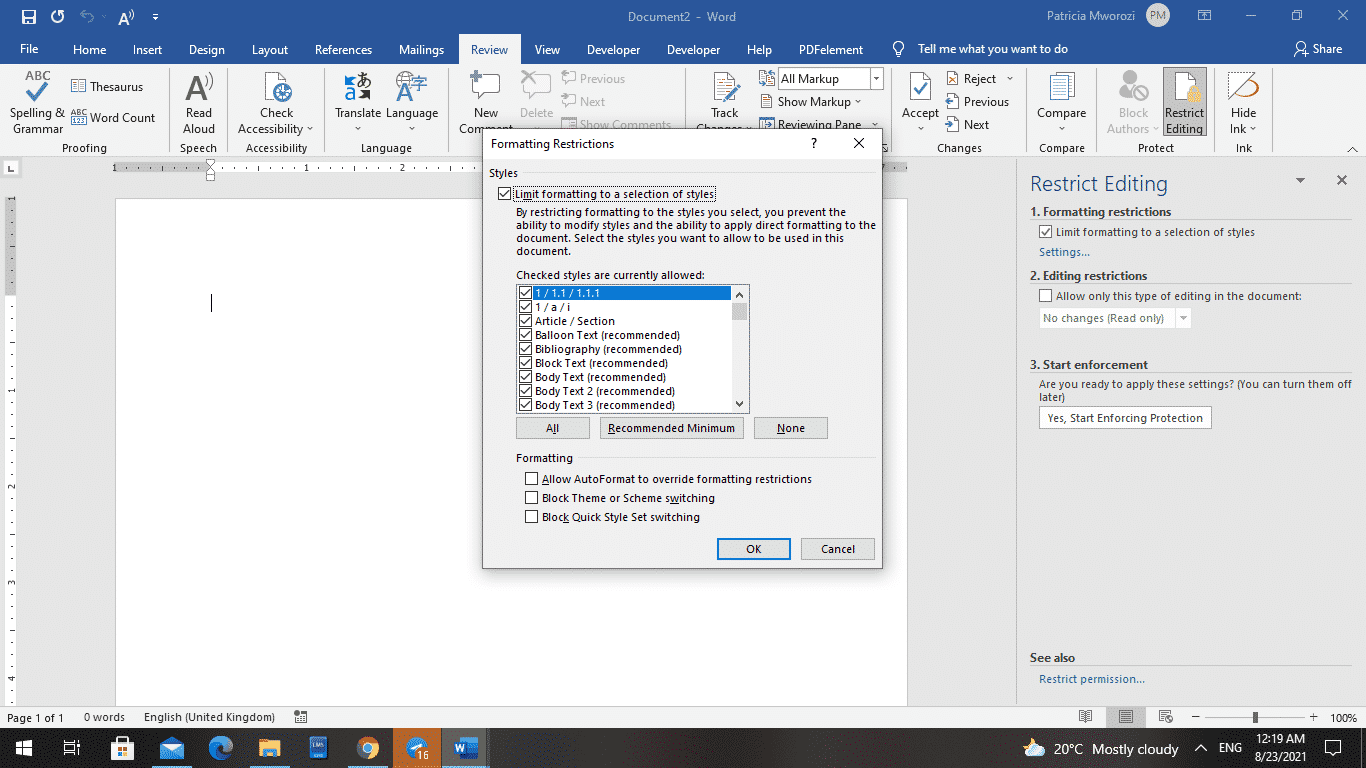 How to restrict formatting changes in Microsoft Word