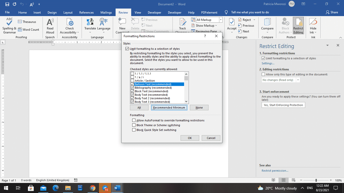 How to restrict formatting changes in Microsoft Word