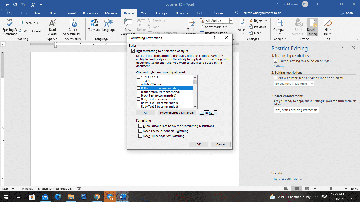 How to restrict formatting changes in Microsoft Word