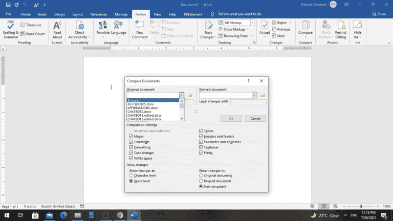 How to use the Compare Feature in Microsoft Word