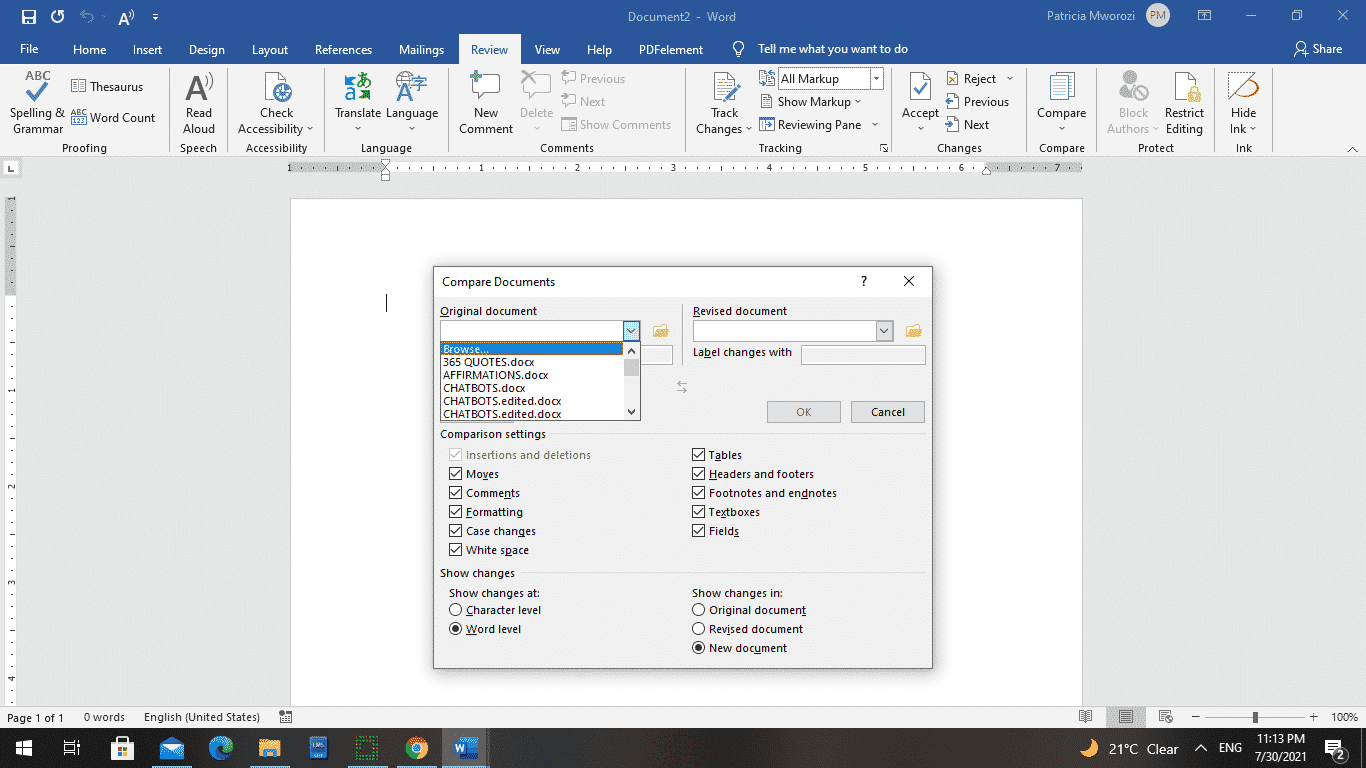 How to use the Compare Feature in Microsoft Word