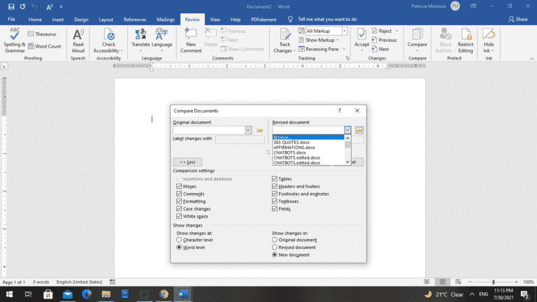 How to use the Compare Feature in Microsoft Word
