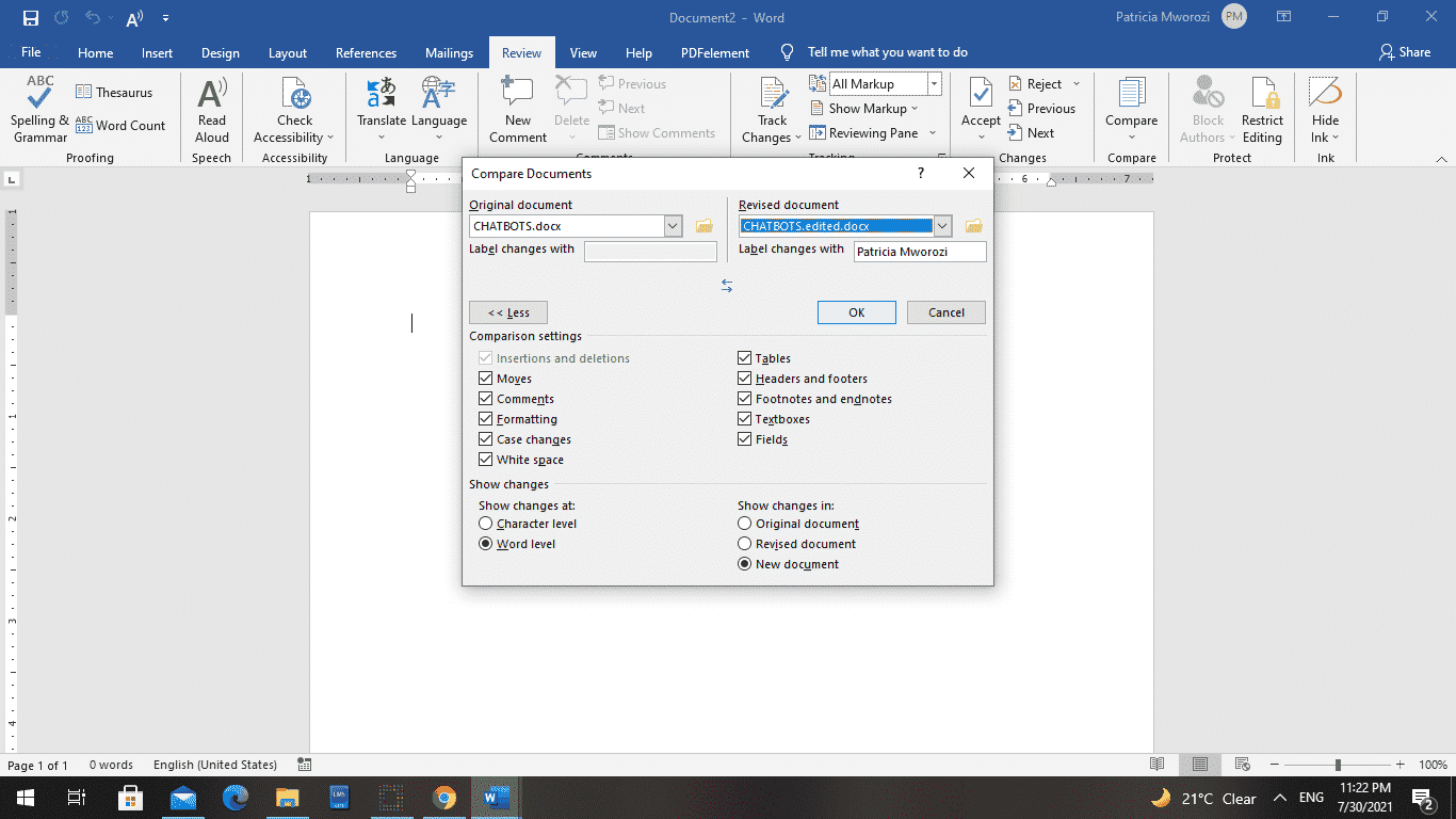 How to use the Compare Feature in Microsoft Word