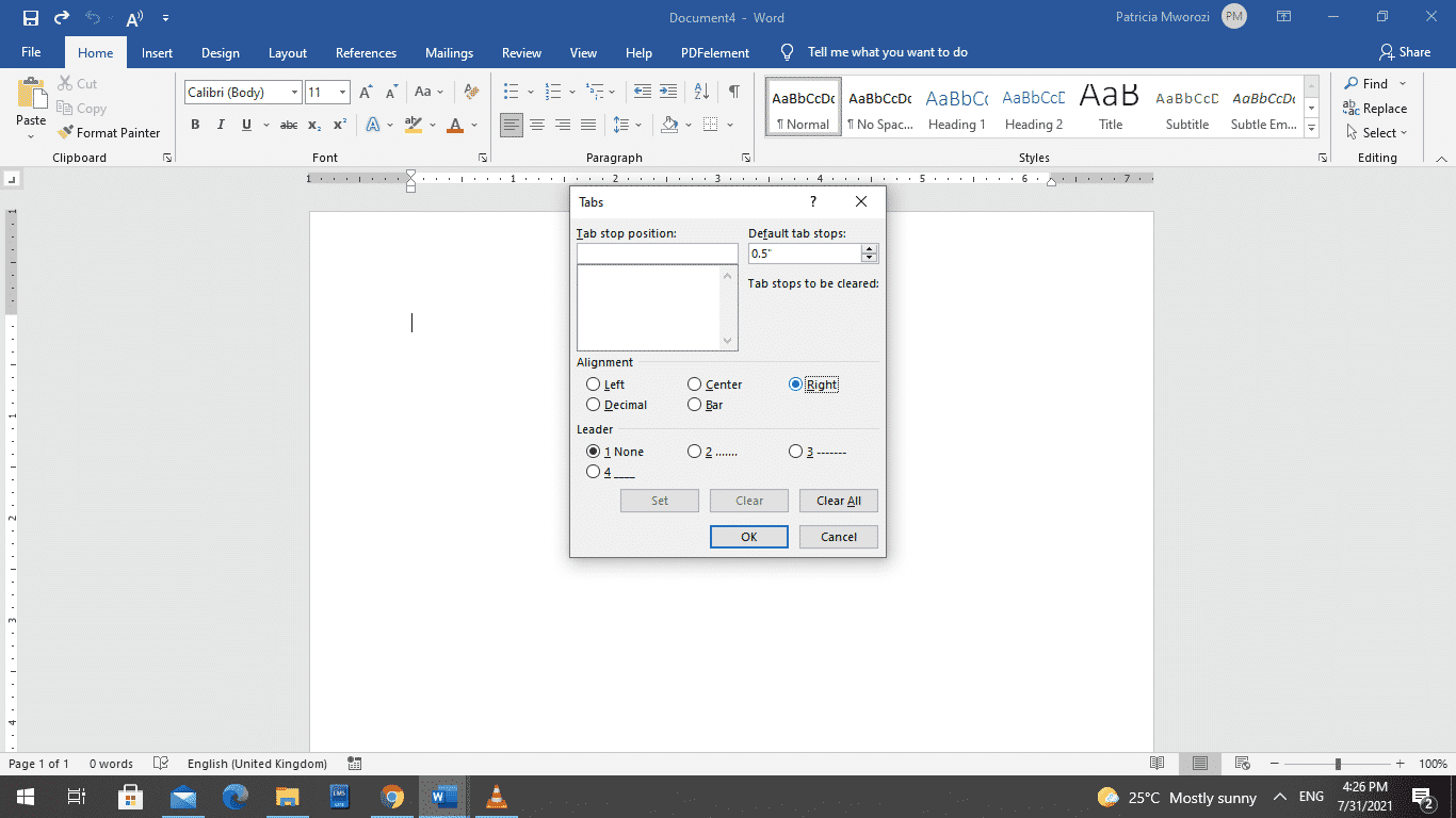 How to use Right Tabs in a Microsoft Word document