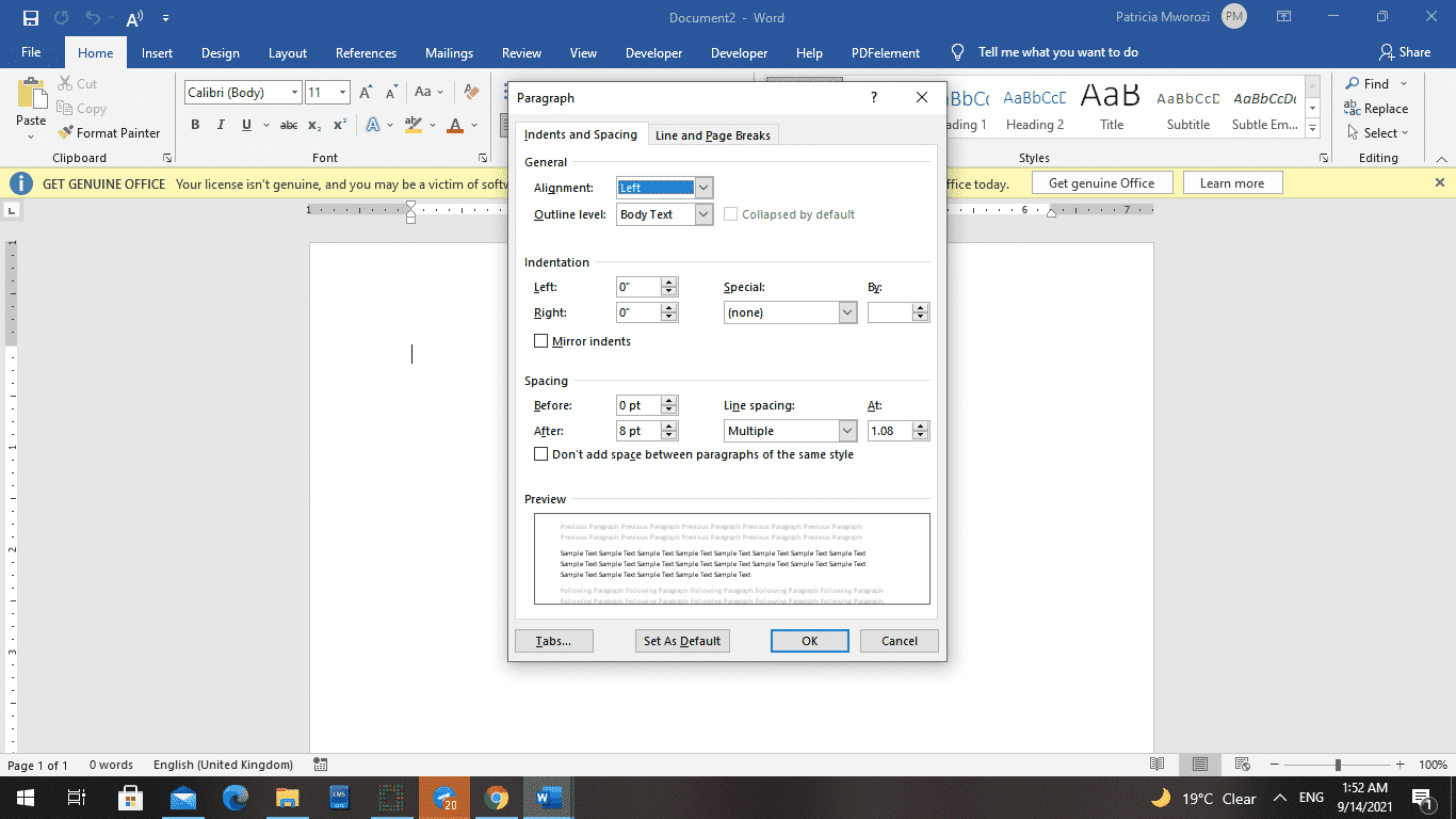How to align text left and right on the same line in Microsoft Word