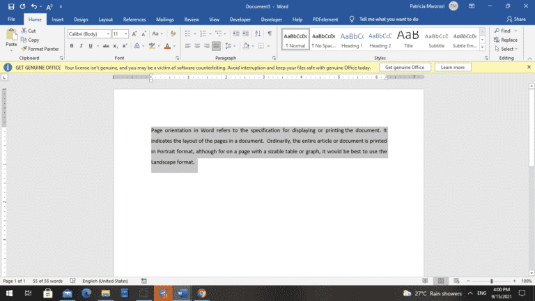 How to change the orientation of one page in Word