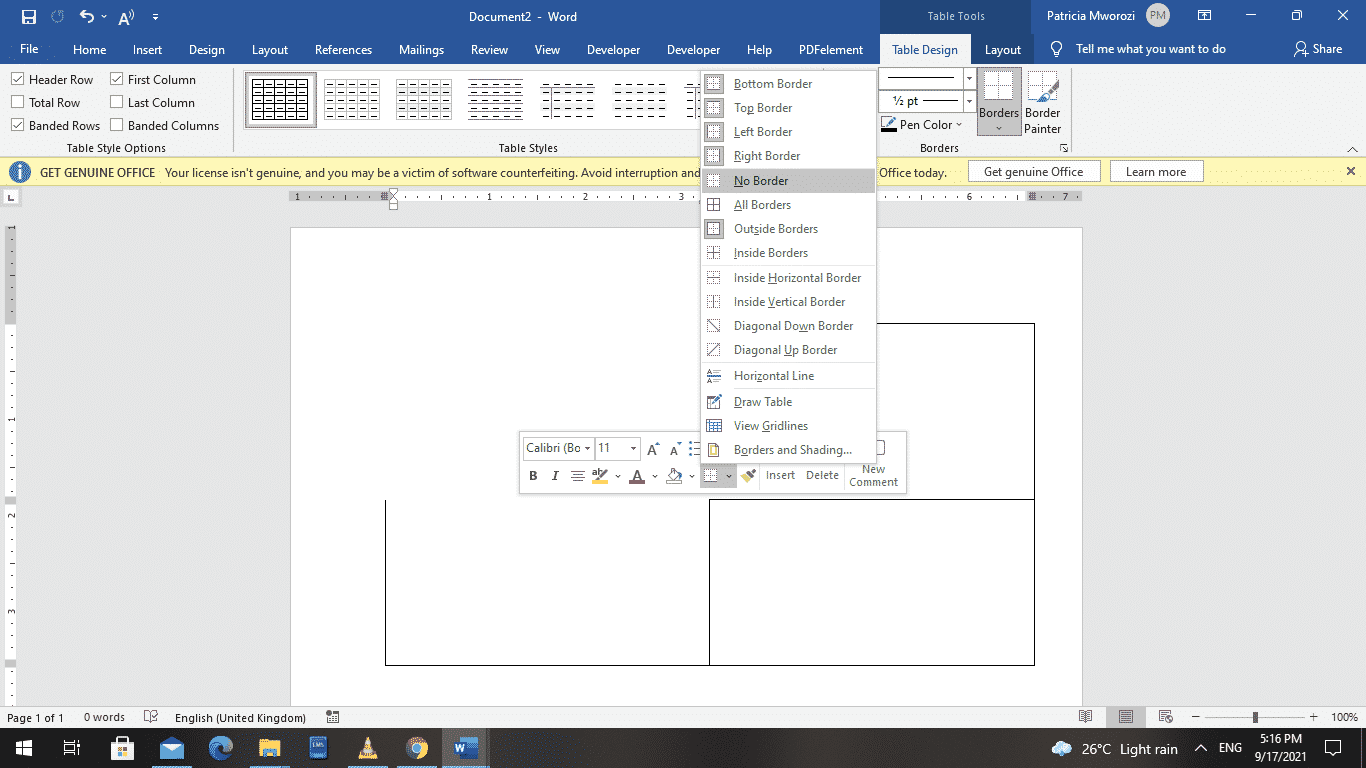 How to divide a page into four quarters in Microsoft Word