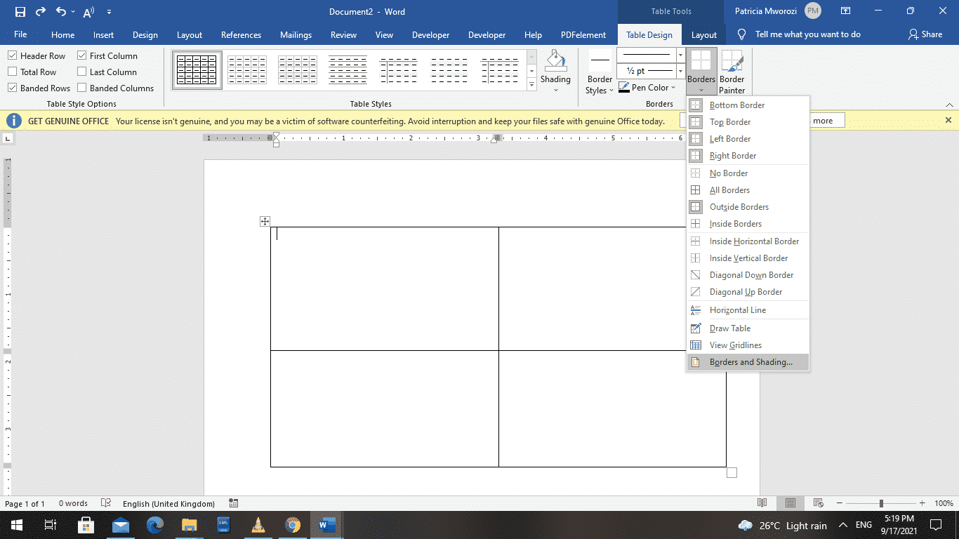 How to divide a page into four quarters in Microsoft Word