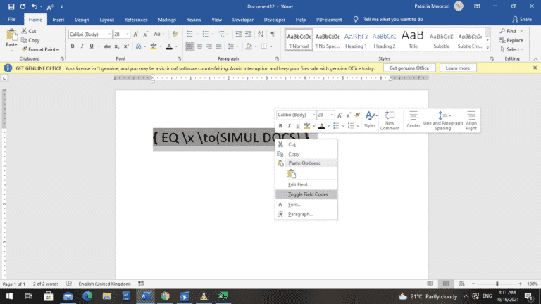 How to insert a line over the top of text in Word documents