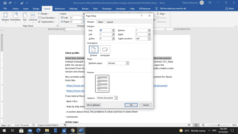 How to print a Microsoft Word document without margins