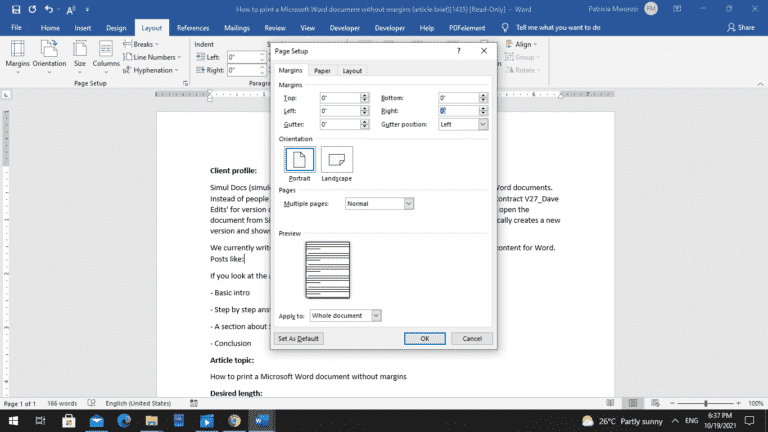 How to print a Microsoft Word document without margins