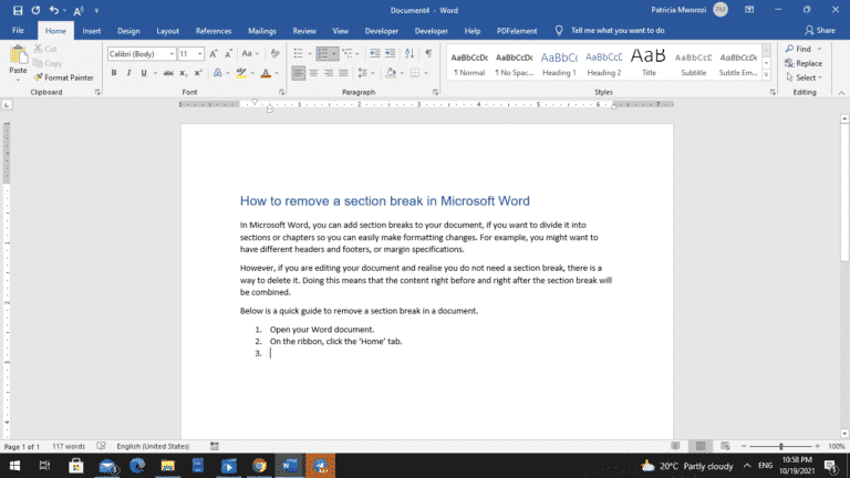How to remove a section break in Microsoft Word documents