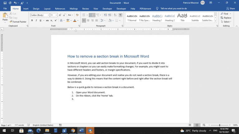 How to remove a section break in Microsoft Word documents
